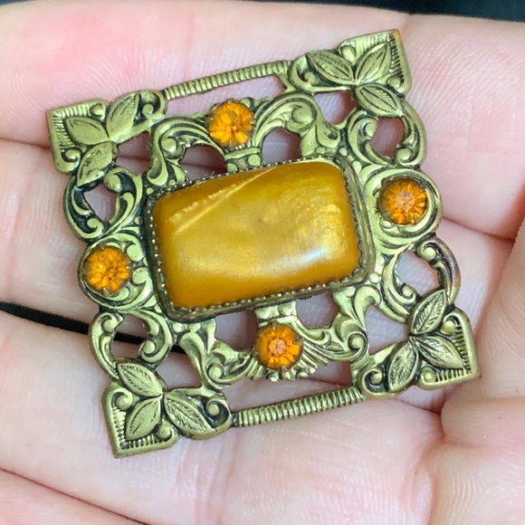 Vintage | Jewelry | Vintage Square Victorian Style Brass Resin Brooch ...